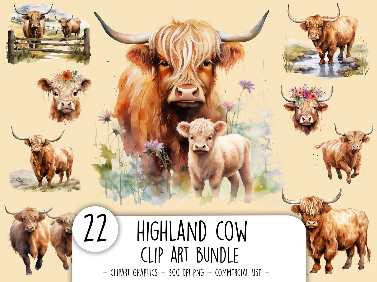 Watercolor Highland Cow Clipart Bundle FREE Commercial Use Digital Cow ...
