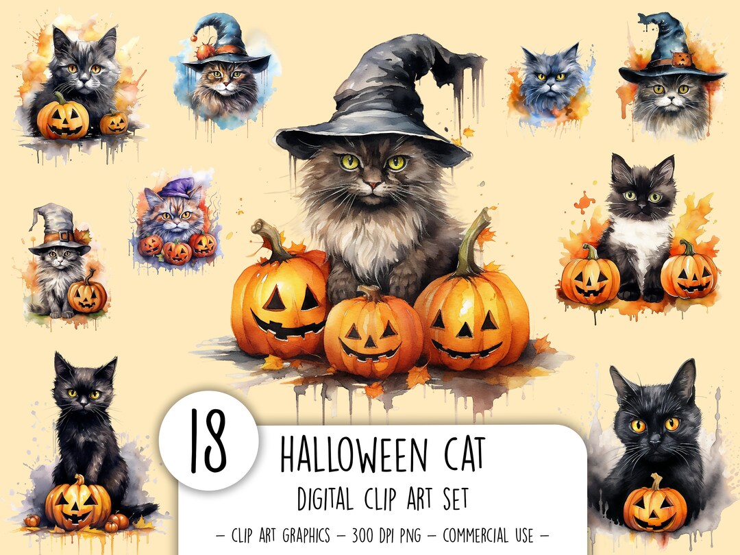 Watercolor Halloween Clipart Digital Halloween Cat Clipart Bundle ...