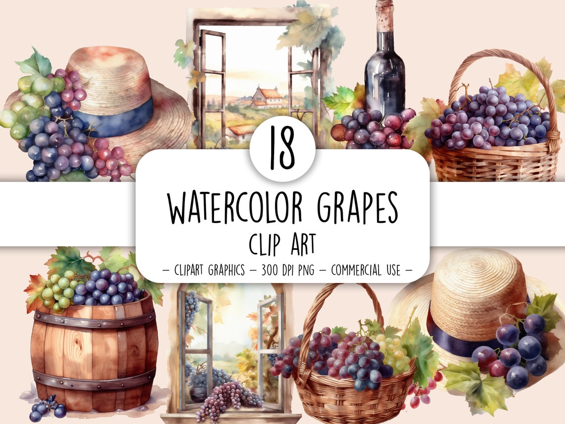 Watercolor Grape Clip Art Set Digital Printable Grapes Graphics Wine ...