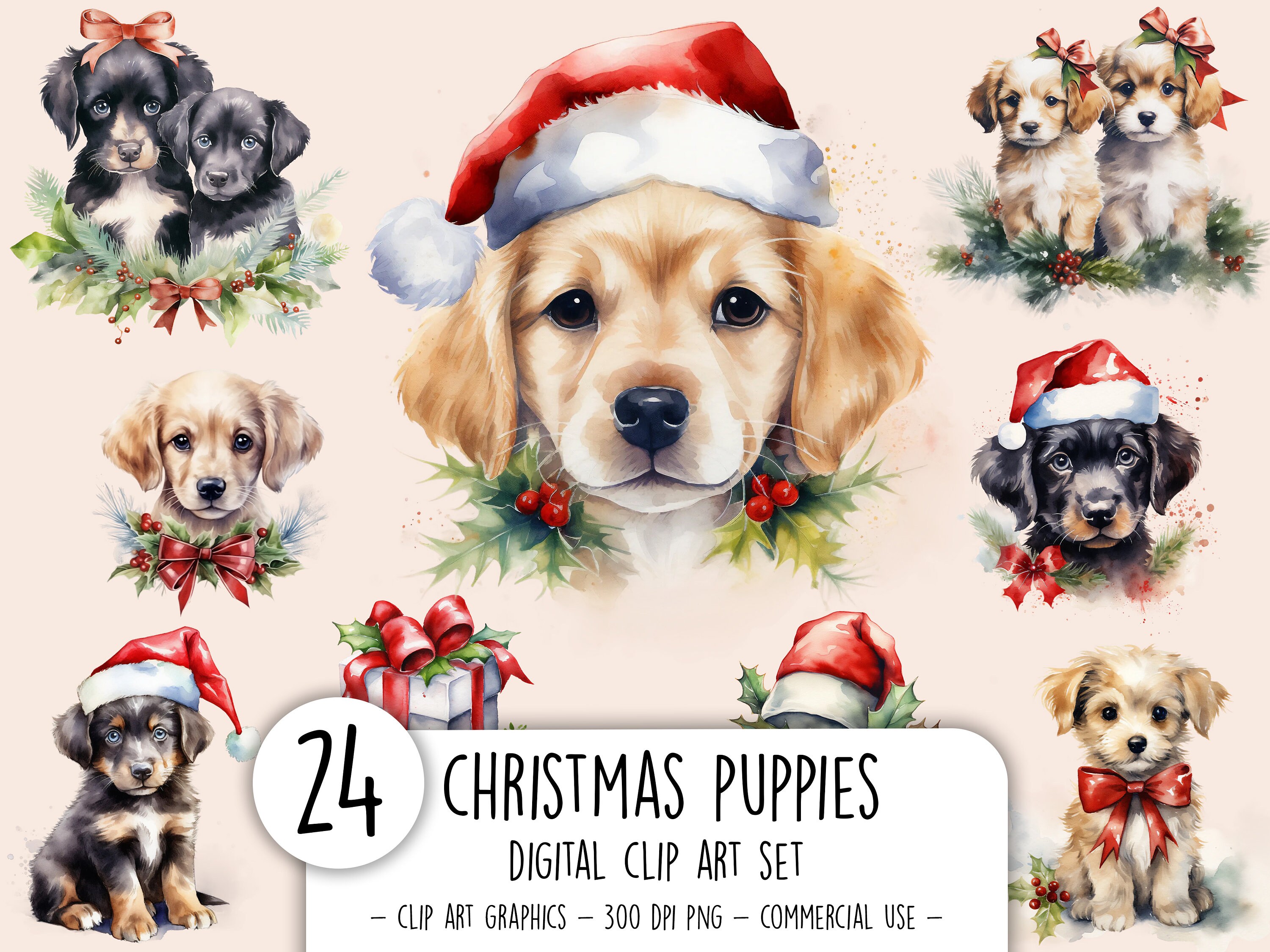Watercolor Christmas Puppies Clipart Bundle Commercially FREE Digital ...