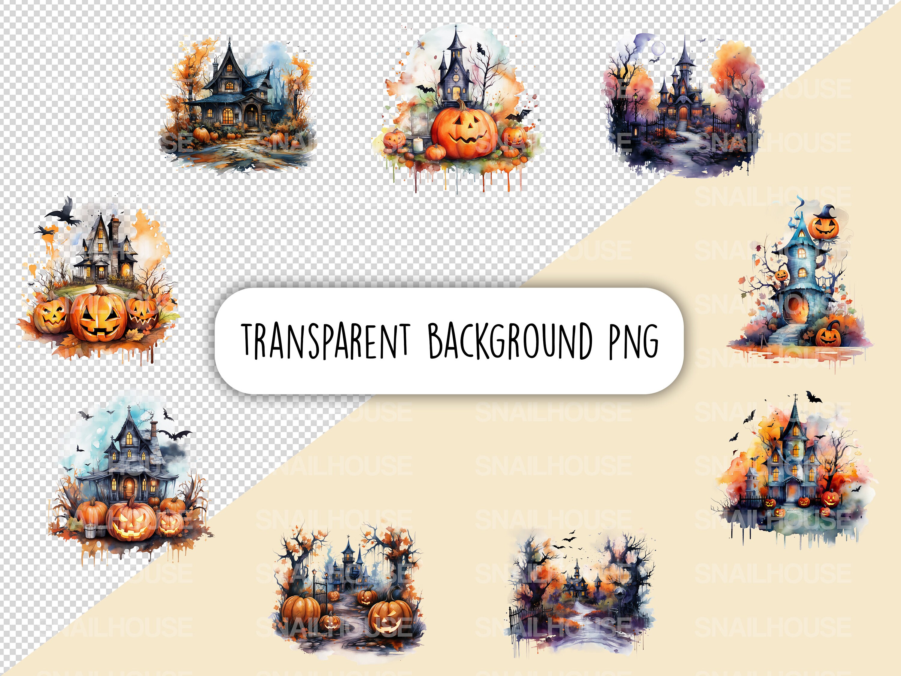 Watercolor Halloween Haunted House Clipart Set With FREE Commercial Use ...