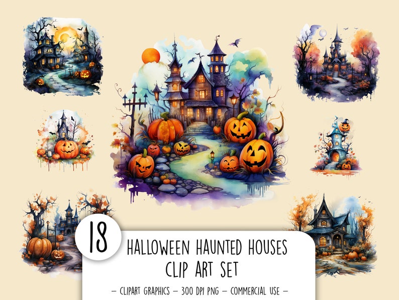 Watercolor Halloween Haunted House Clipart Set With FREE Commercial Use ...