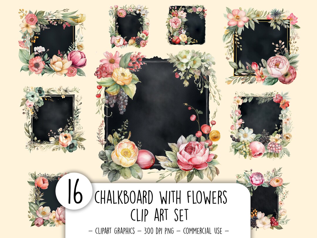 Watercolor Floral Chalkboard Clipart Set Printable Floral Frames Png ...