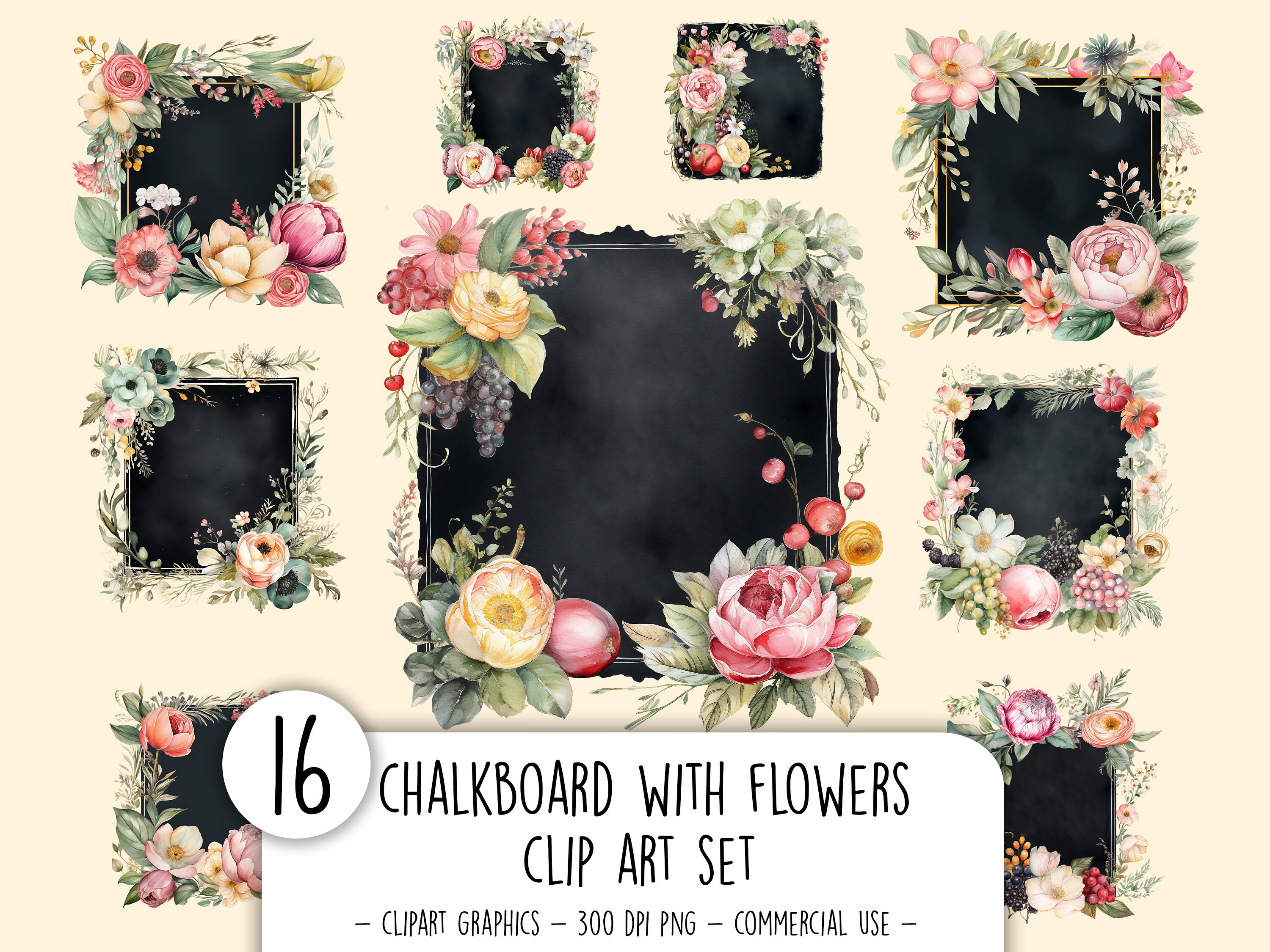 Watercolor Floral Chalkboard Clipart Set Printable Floral Frames Png ...