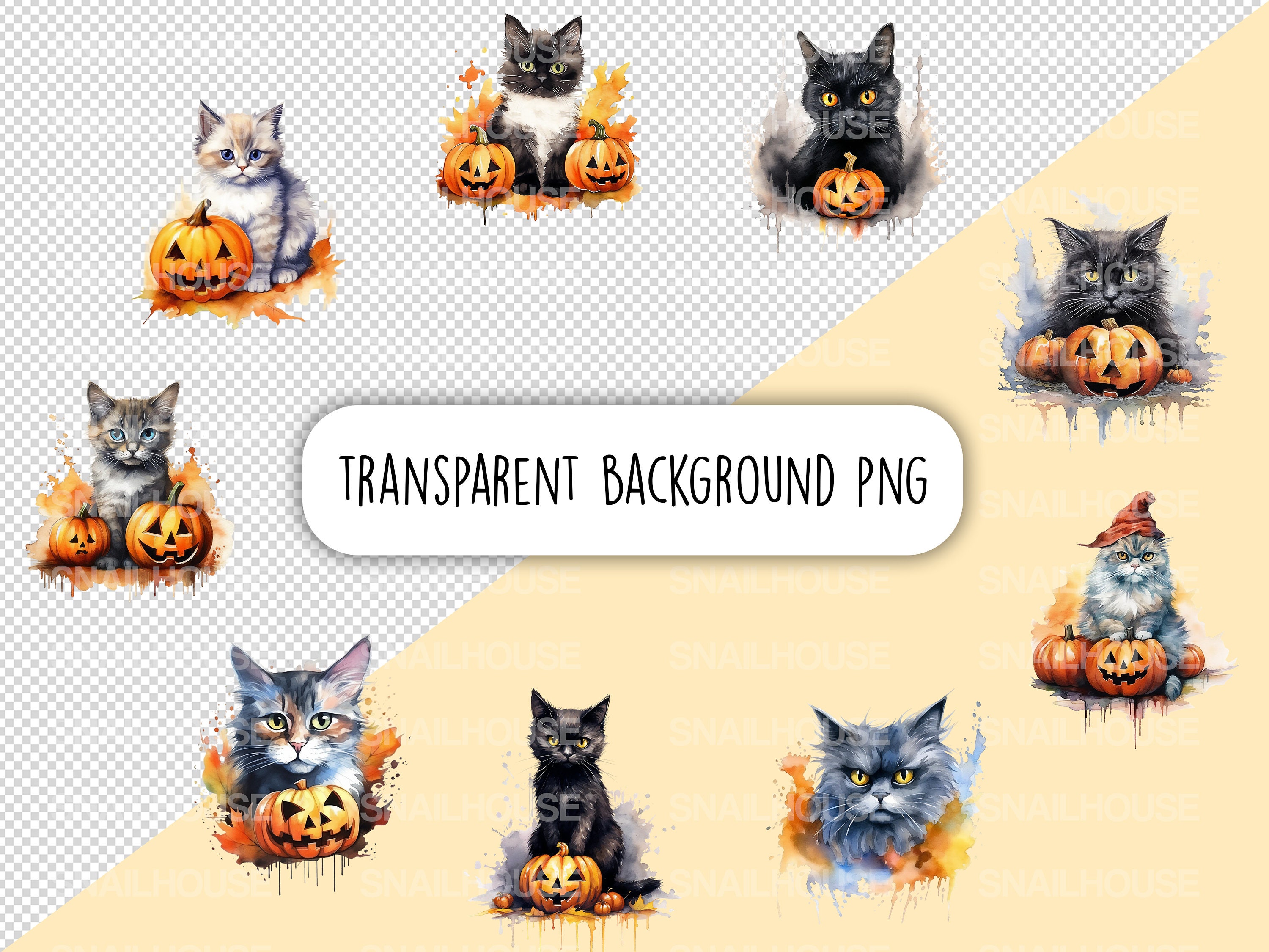Watercolor Halloween Clipart Digital Halloween Cat Clipart Bundle ...