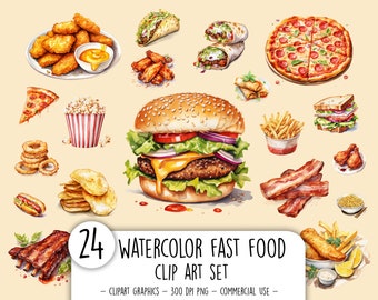 Watercolor Fast Food Clipart Bundle, 249 Png, Transparent Background ...