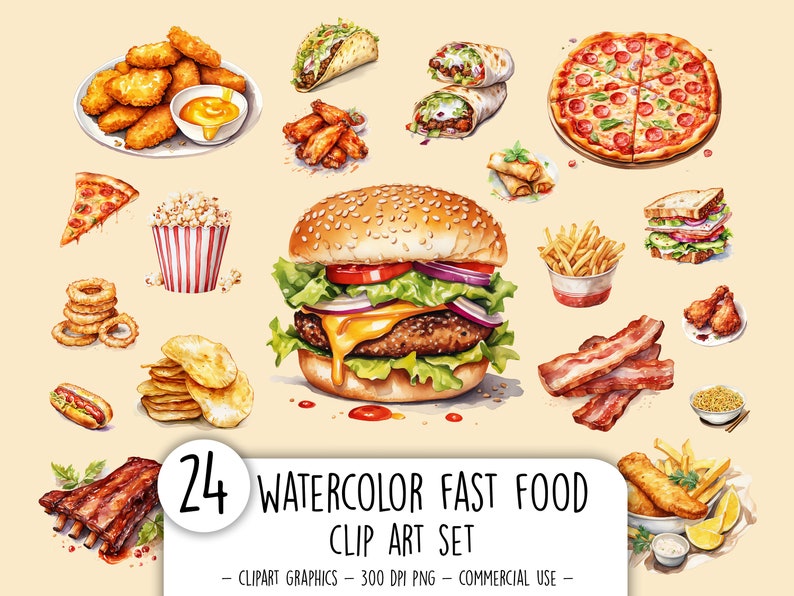Watercolor Fast Food Clipart Bundle FREE Commercial Use Fast Food Clip ...