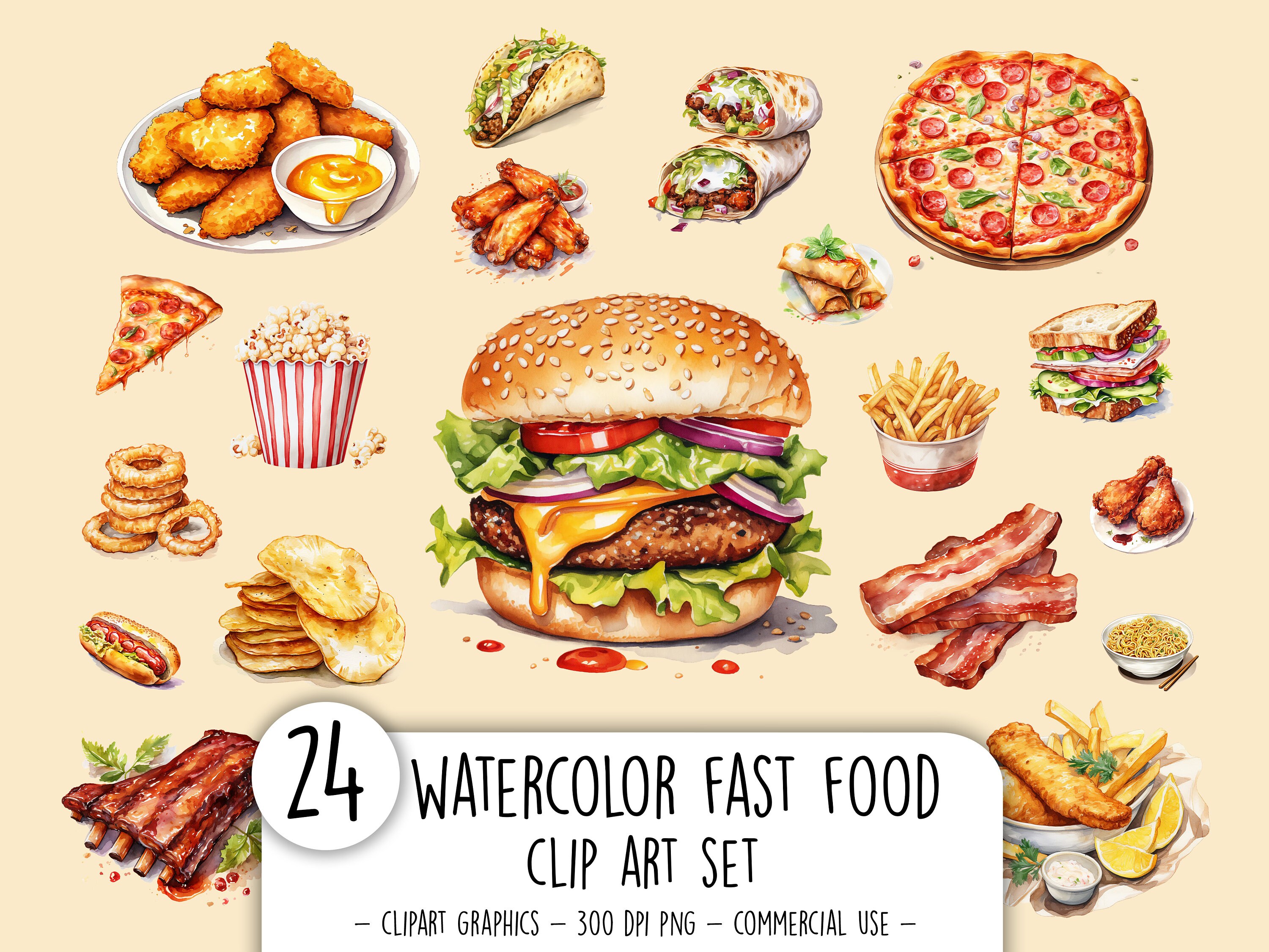 Watercolor Fast Food Clipart Bundle FREE Commercial Use Fast Food Clip ...