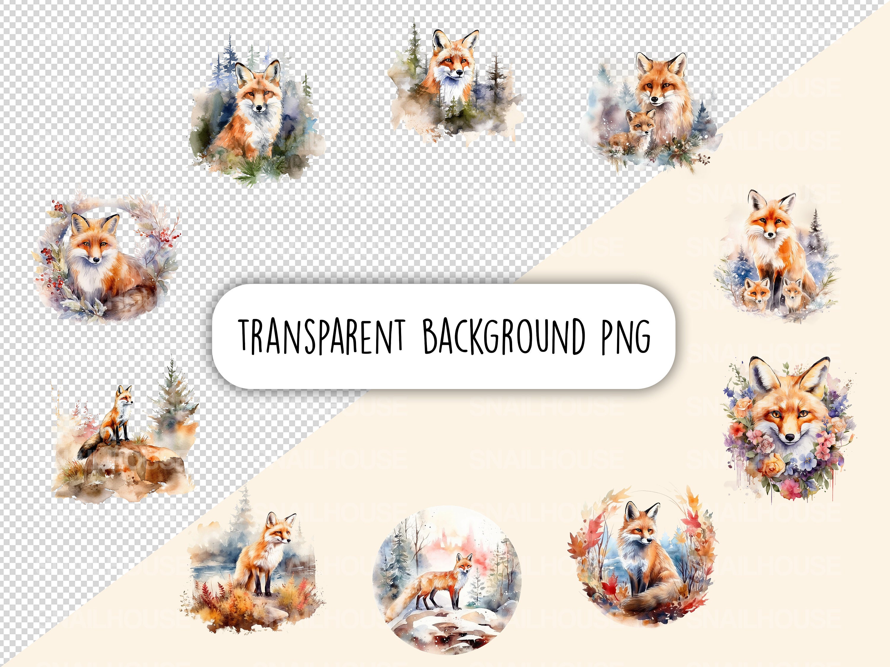 Watercolor Fox Clip Art Set Digital Printable Fox Graphics - Etsy