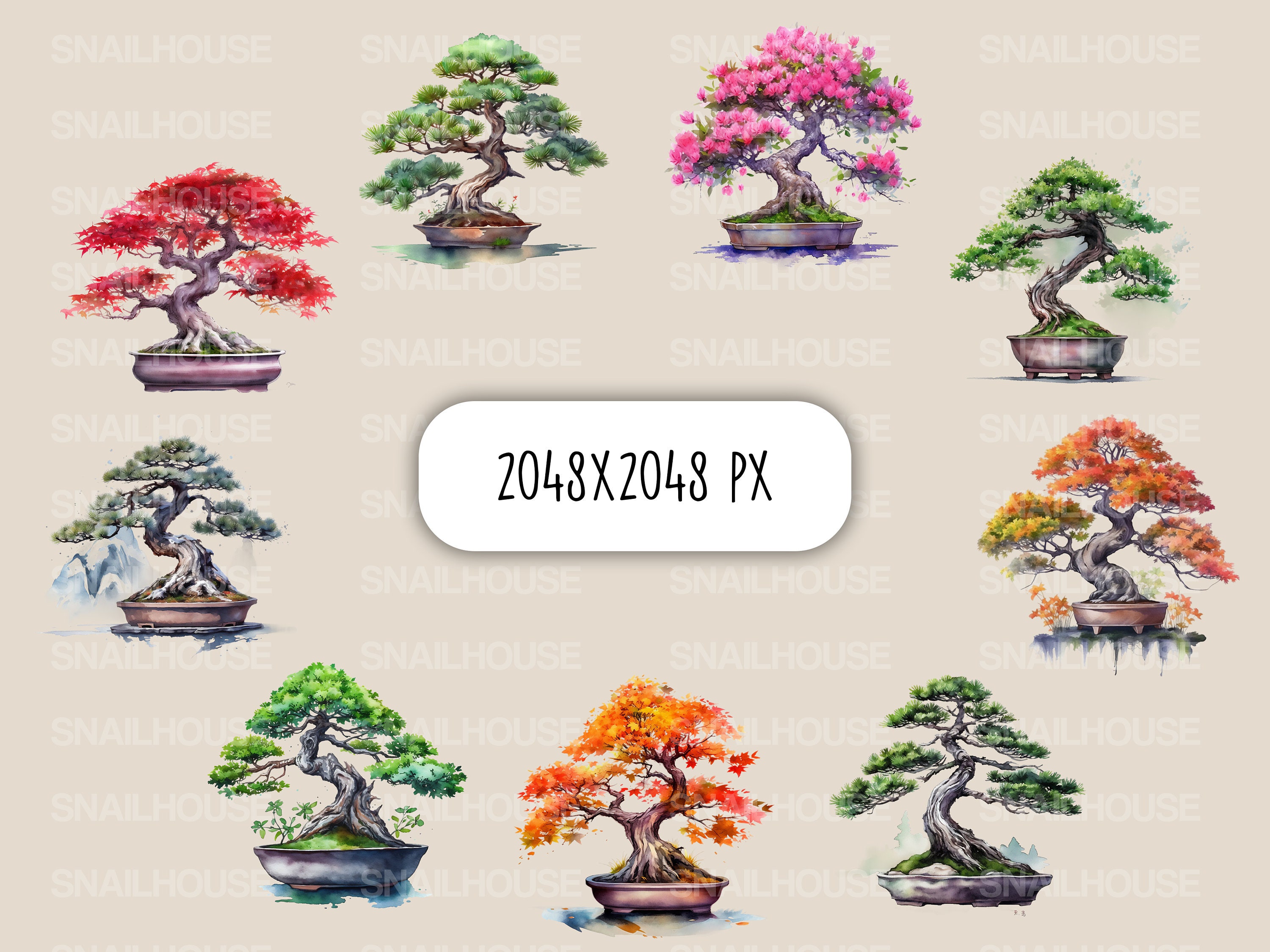 Watercolor Bonsai Clip Art Printable Bonsai Tree Graphics FREE ...
