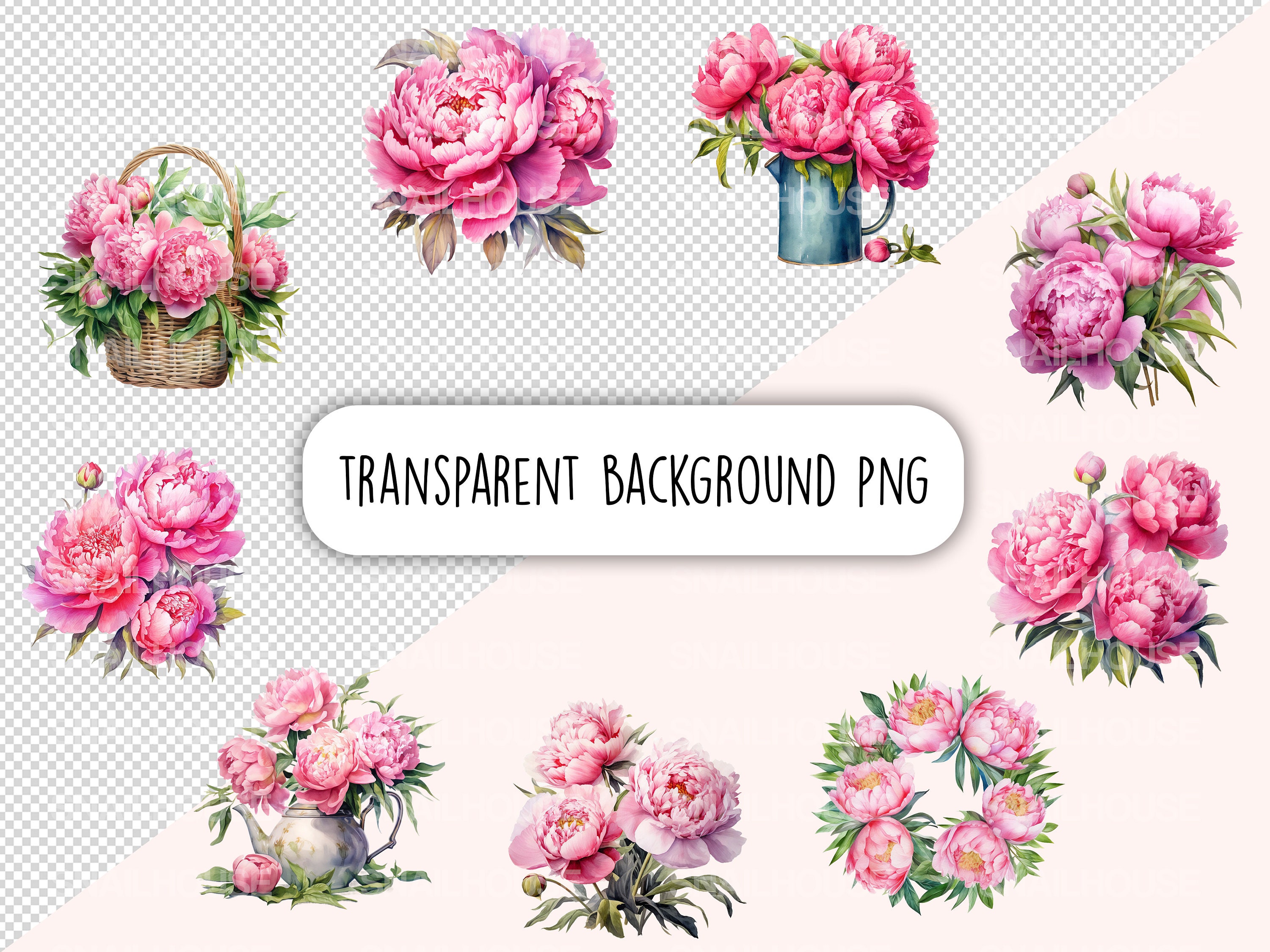 Watercolor Pink Peony Flowers Clip Art Set Digital Printable Peony ...