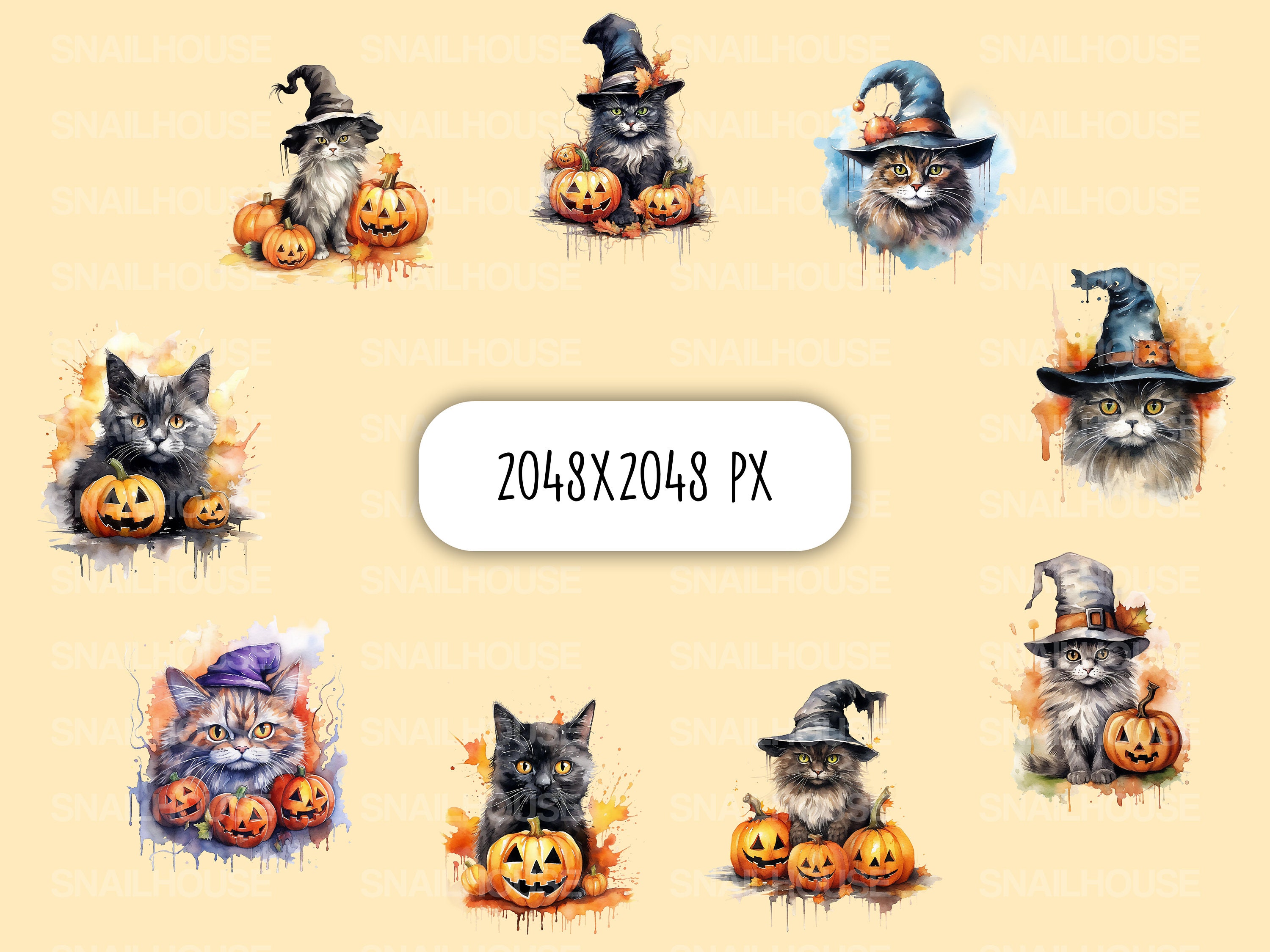 Watercolor Halloween Clipart Digital Halloween Cat Clipart Bundle ...