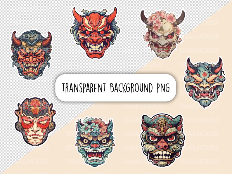 Traditional Japanese Mask Digital Sticker Bundle PNG Printable Japanese ...