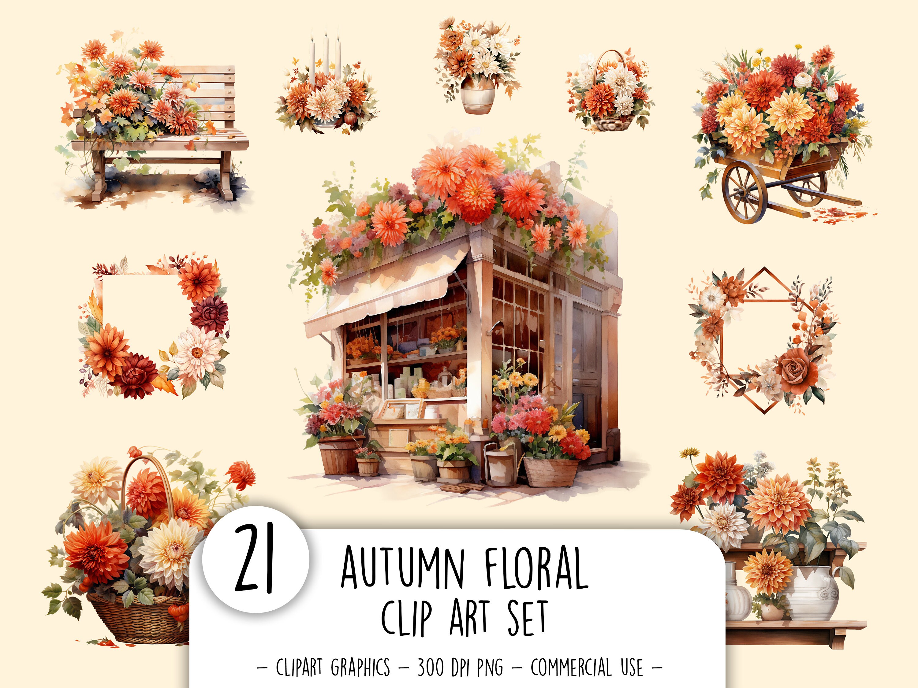 Watercolor Floral Autumn Clip Art Set Digital Printable Autumn - Etsy