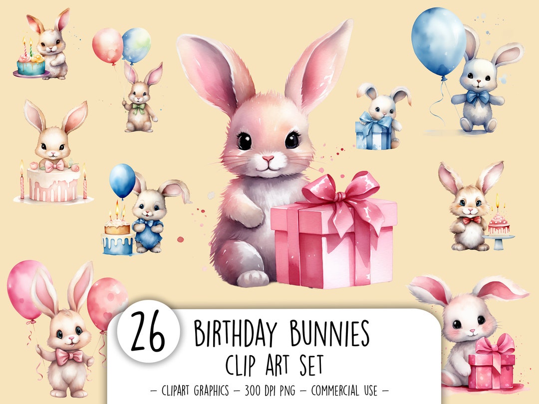 Watercolor Bunny Birthday Clipart Commercially FREE Watercolor Birthday ...