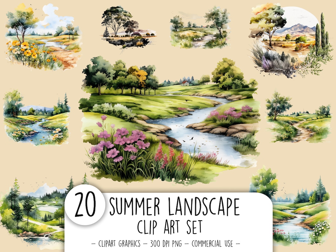 Watercolor Summer Landscape Clipart Bundle Commercially FREE Nature ...