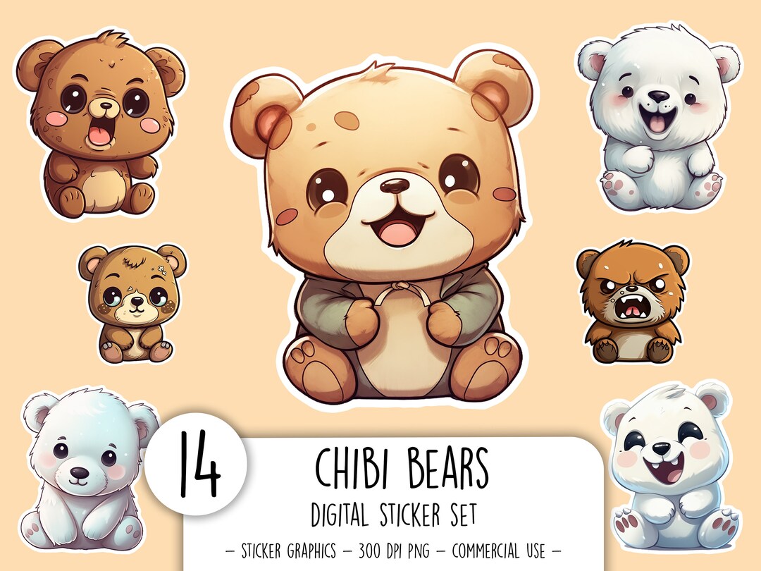 Chibi Bear Sticker Set Cute Bear Digital Stickers Bear Stickers Digital ...