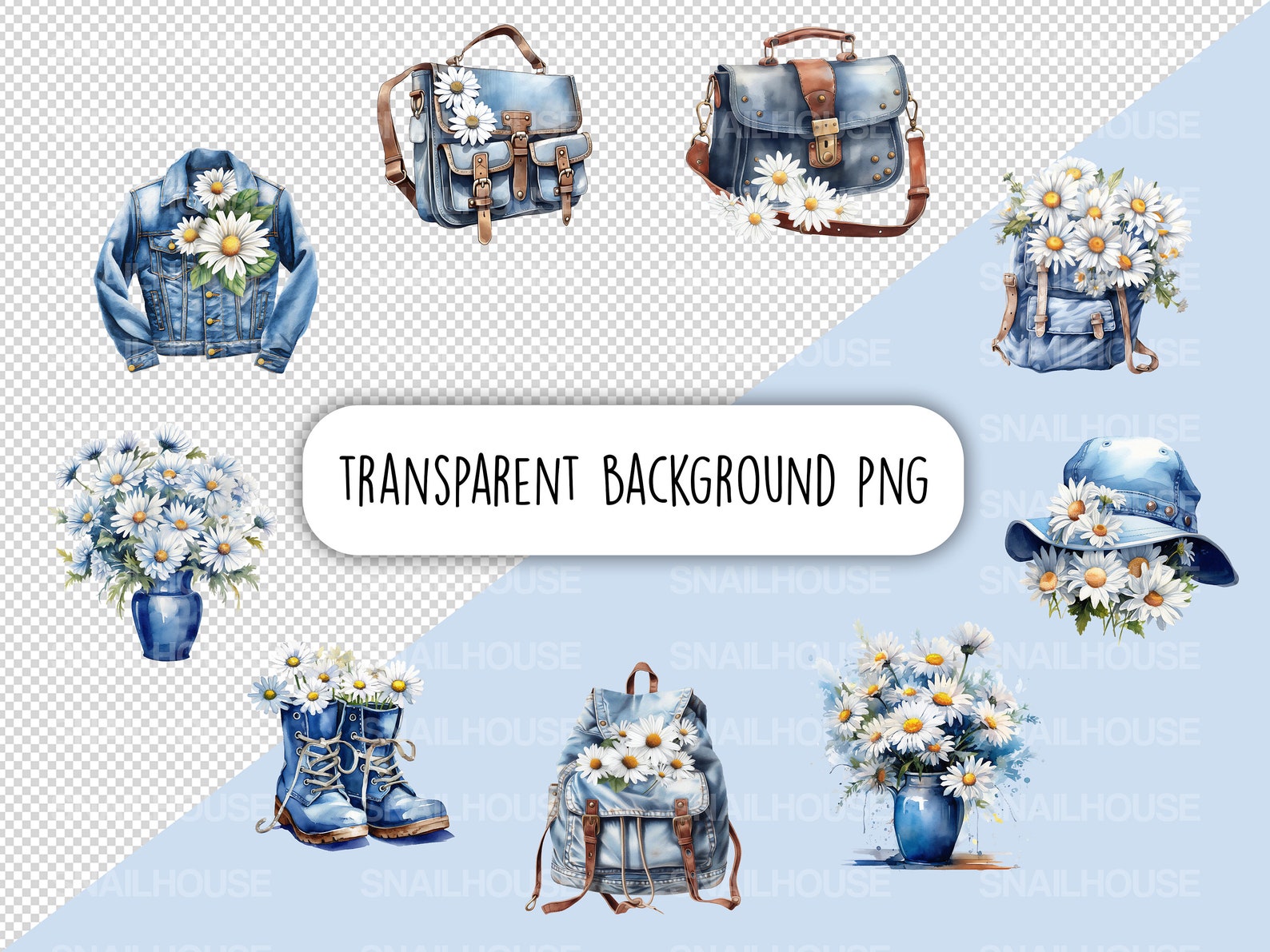 Watercolor Daisy Clip Art Denim Clipart Daisy Clipart Floral Clipart ...