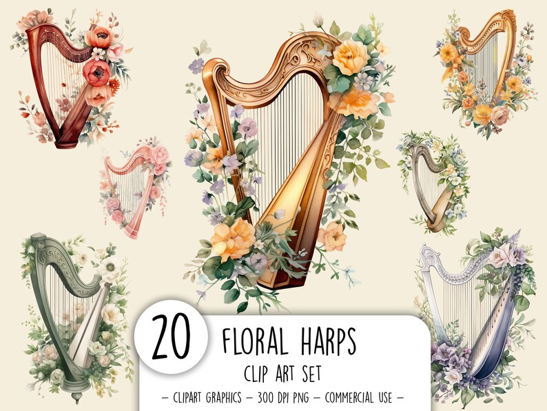 Watercolor Floral Harp Clipart for Wedding Invitations, Scrapbooking ...