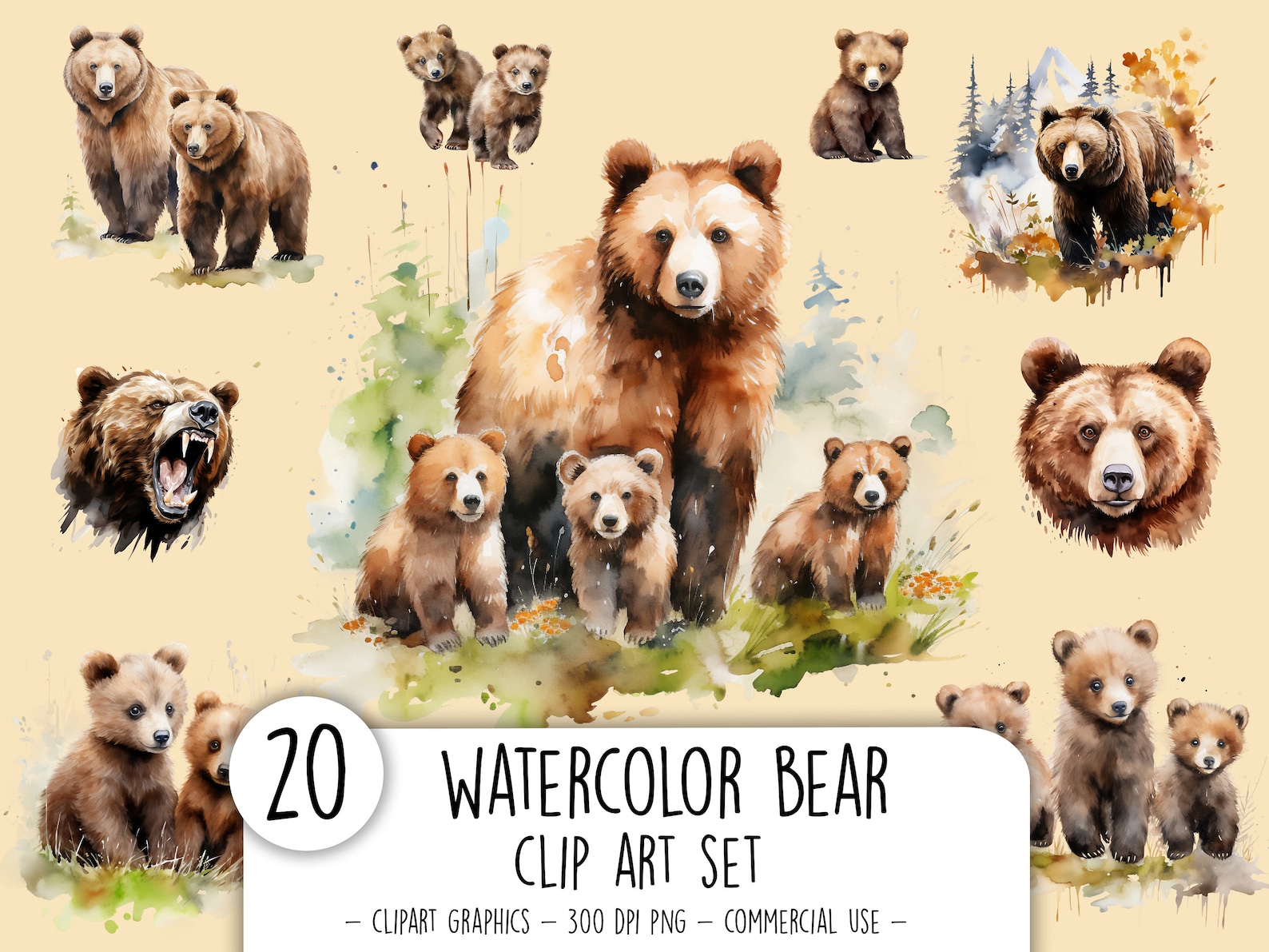 Watercolor Bear Clipart Bundle Brown Bear Clip Art FREE Commercial Use ...