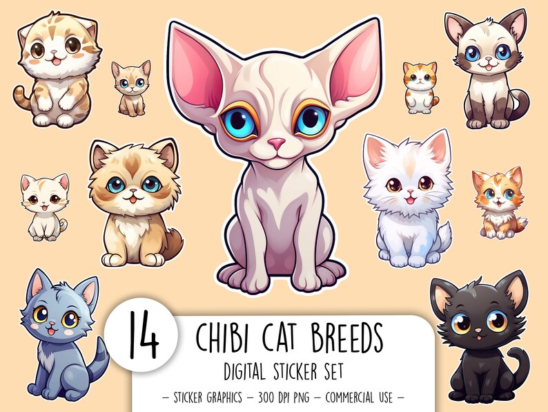 Chibi Cat Sticker Set Cute Cat Digital Stickers Cat Breed Stickers ...
