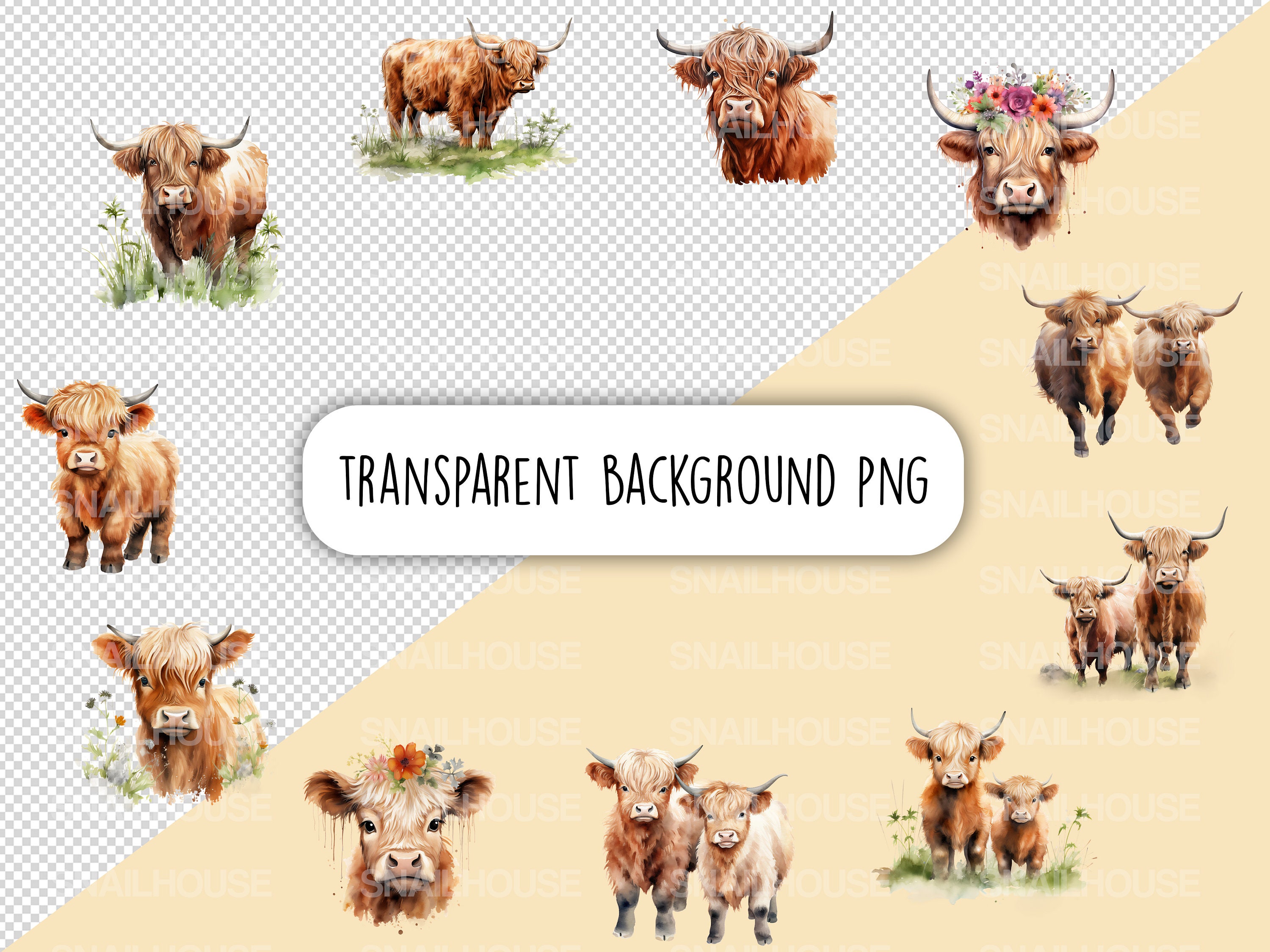 Watercolor Highland Cow Clipart Bundle FREE Commercial Use Digital Cow ...