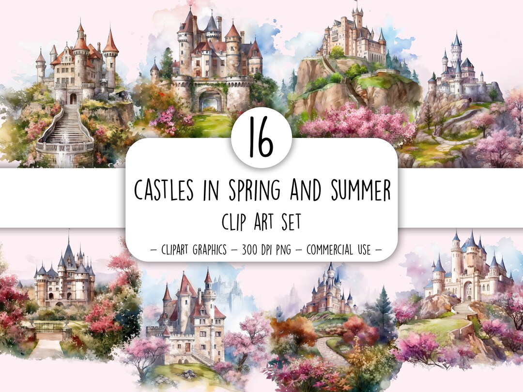 Watercolor Castles in Spring and Summer Clip Art Set, Printable Castle ...