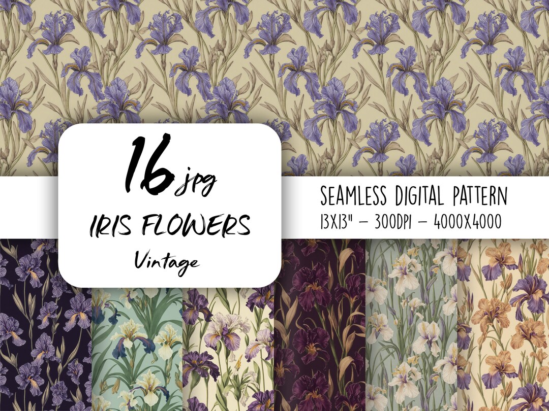 Vintage Iris Flower Digital Paper Patterns Iris Floral Digital Paper ...