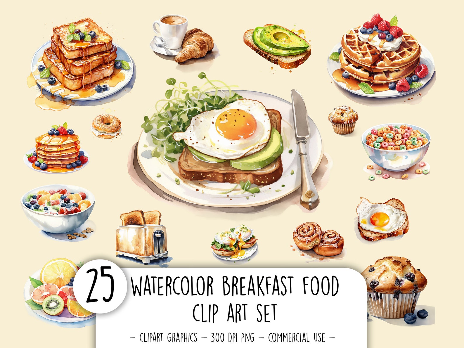 Watercolor Breakfast Foods Clipart Bundle FREE Commercial Use Digital ...