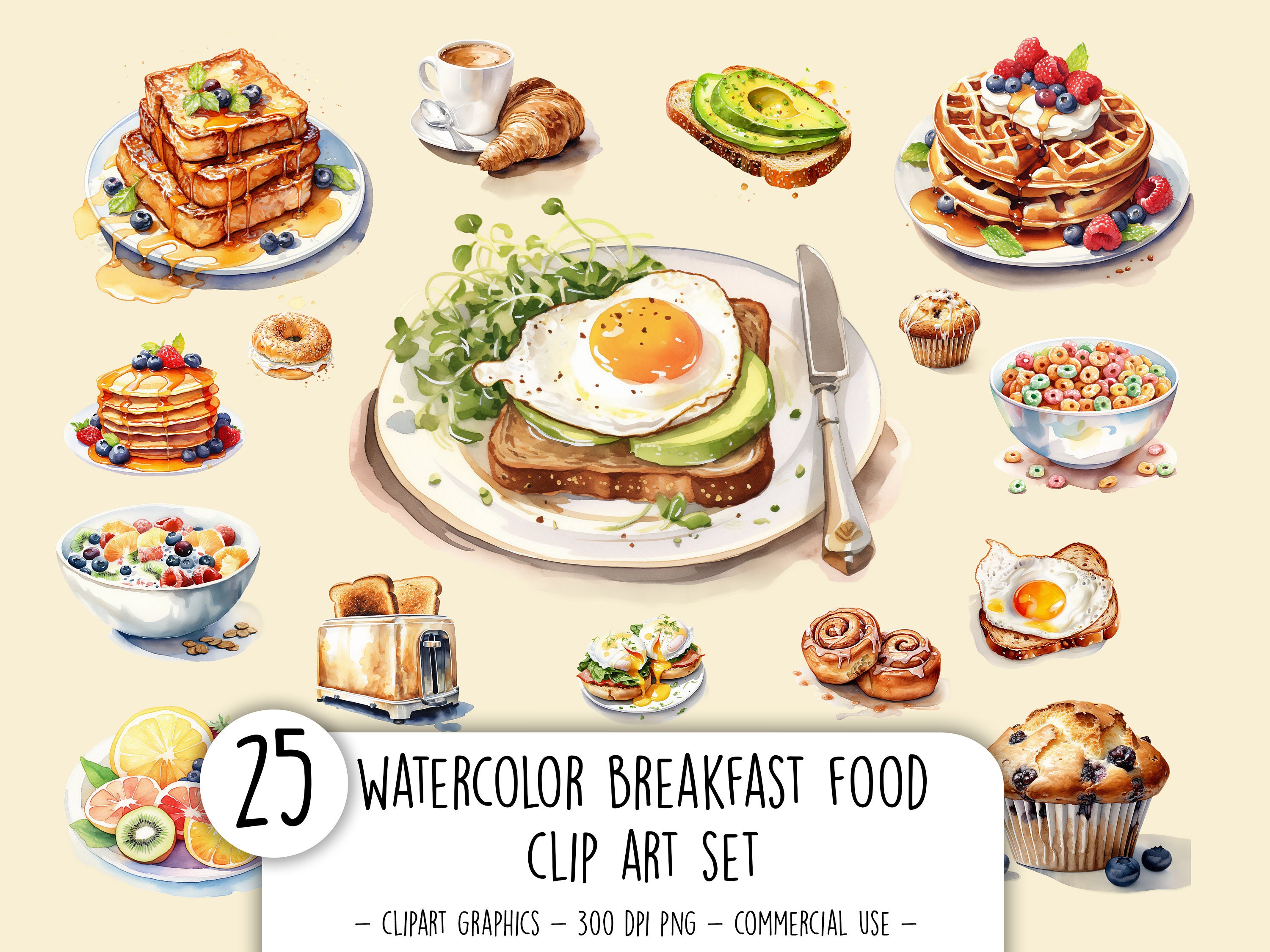 Watercolor Breakfast Foods Clipart Bundle FREE Commercial Use Digital ...