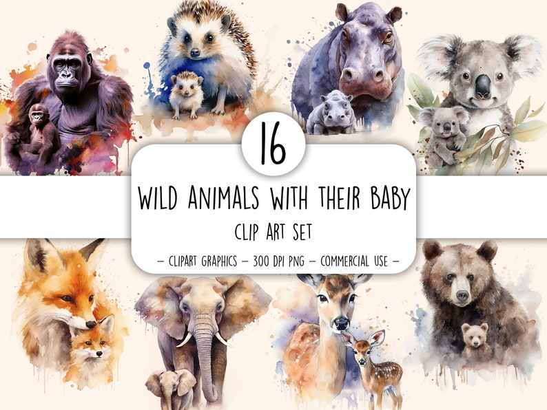 Baby and Mom Animal Clipart, Commercial Use Watercolor Animal Clipart ...