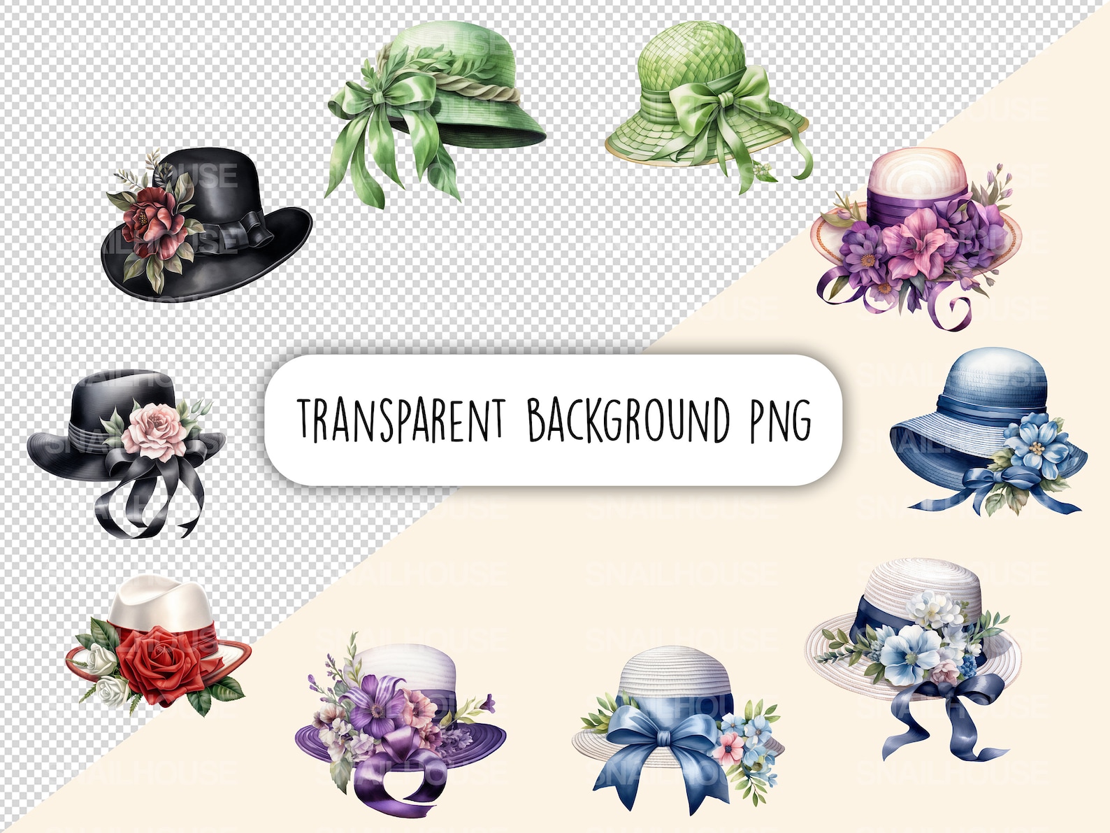 Watercolor Hats With Flowers Clipart Printable Floral Hats Graphics Hat ...