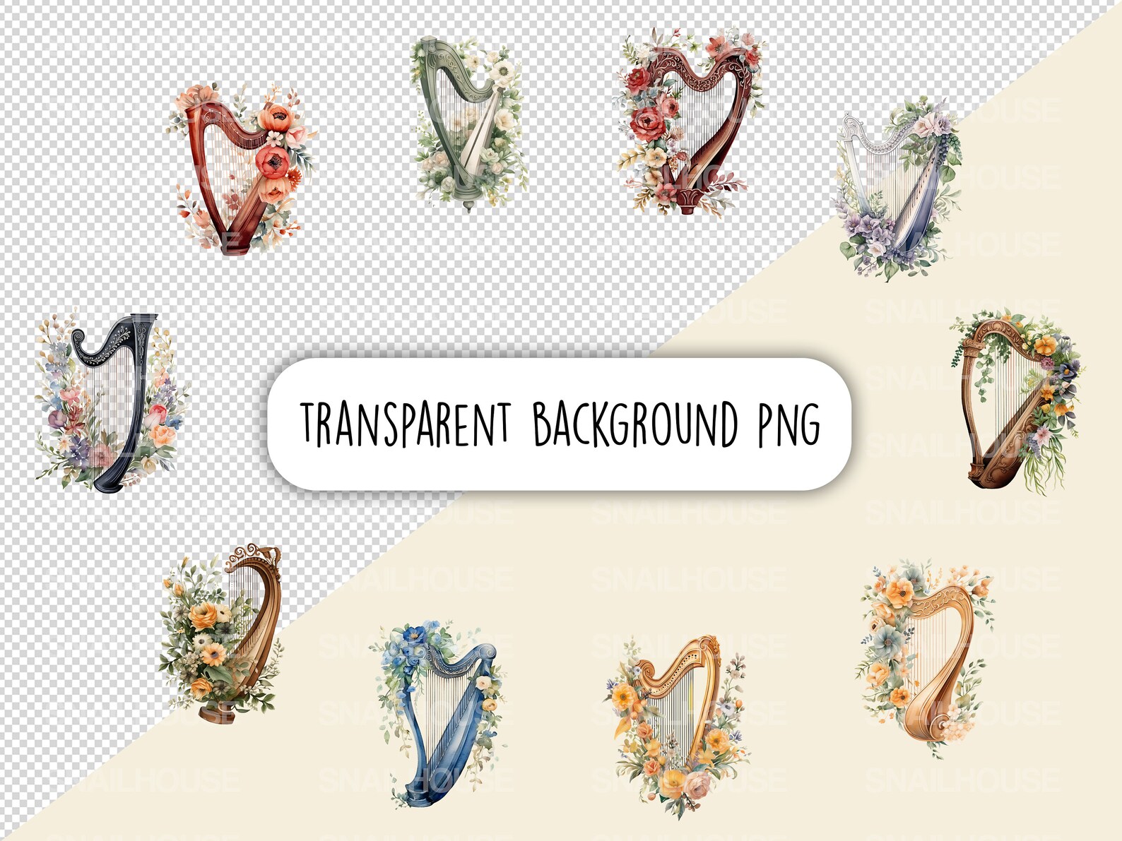 Watercolor Floral Harp Clipart for Wedding Invitations, Scrapbooking ...