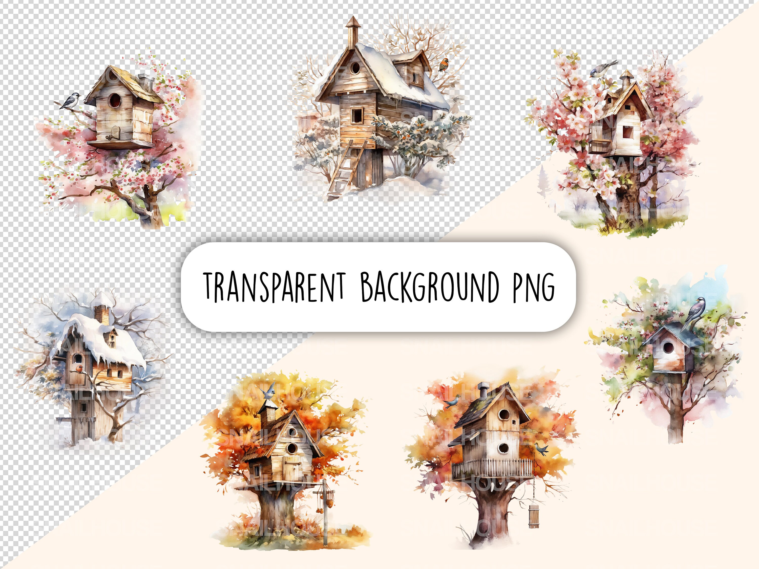 Watercolor Cute Bird Houses Clip Art Set FREE Commercial Use Printable ...