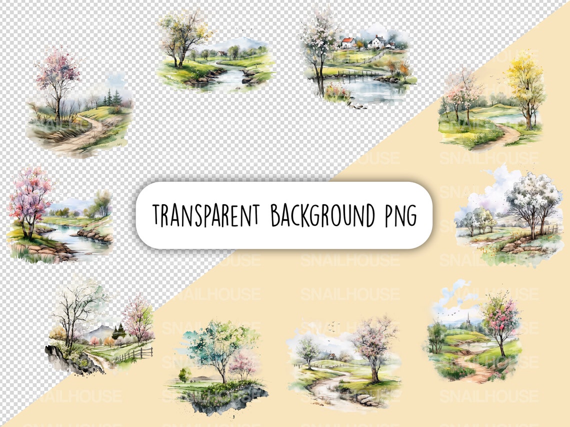 Watercolor Spring Landscape Clipart Bundle Commercially FREE Nature ...