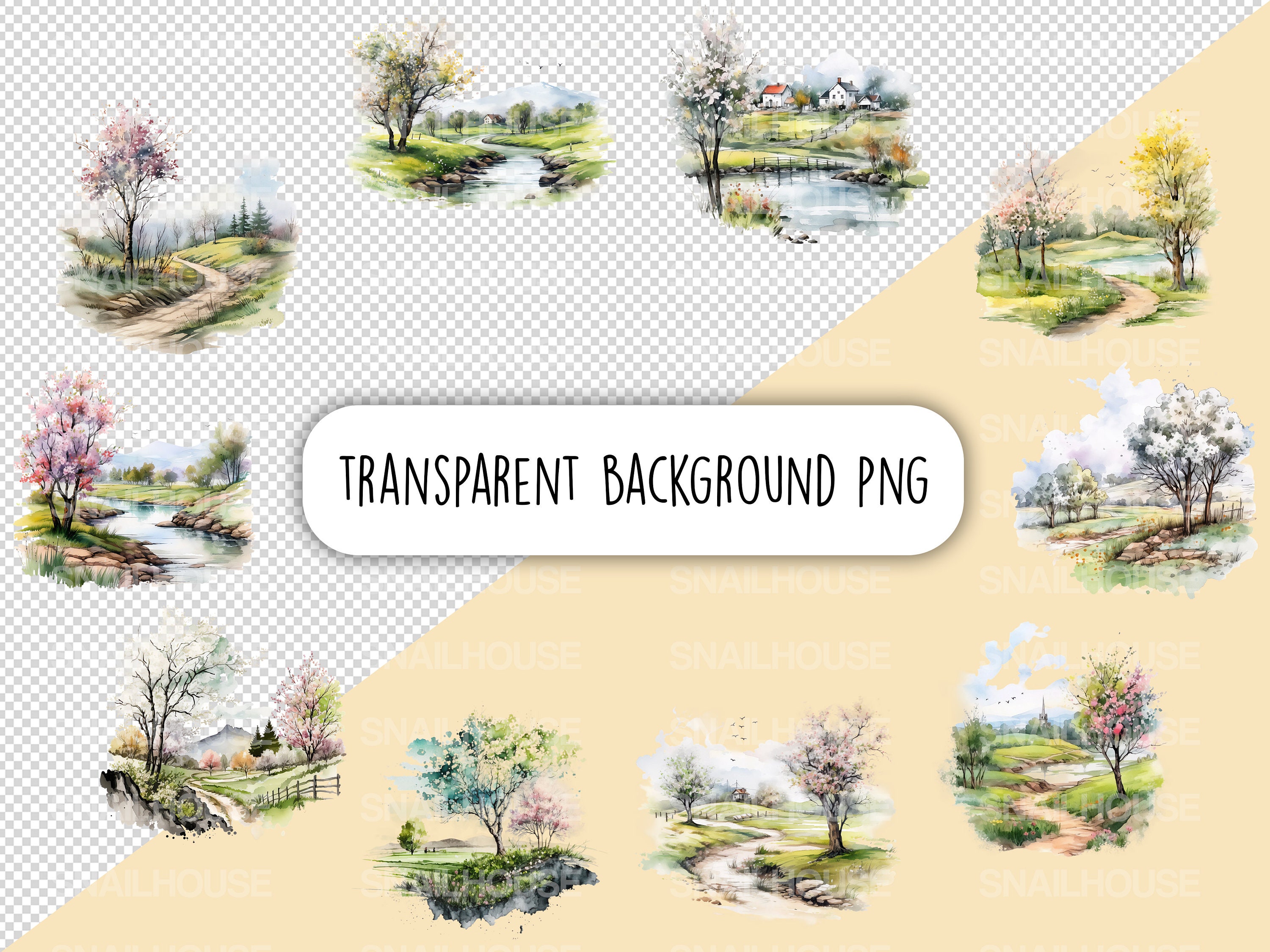 Watercolor Spring Landscape Clipart Bundle Commercially FREE Nature ...