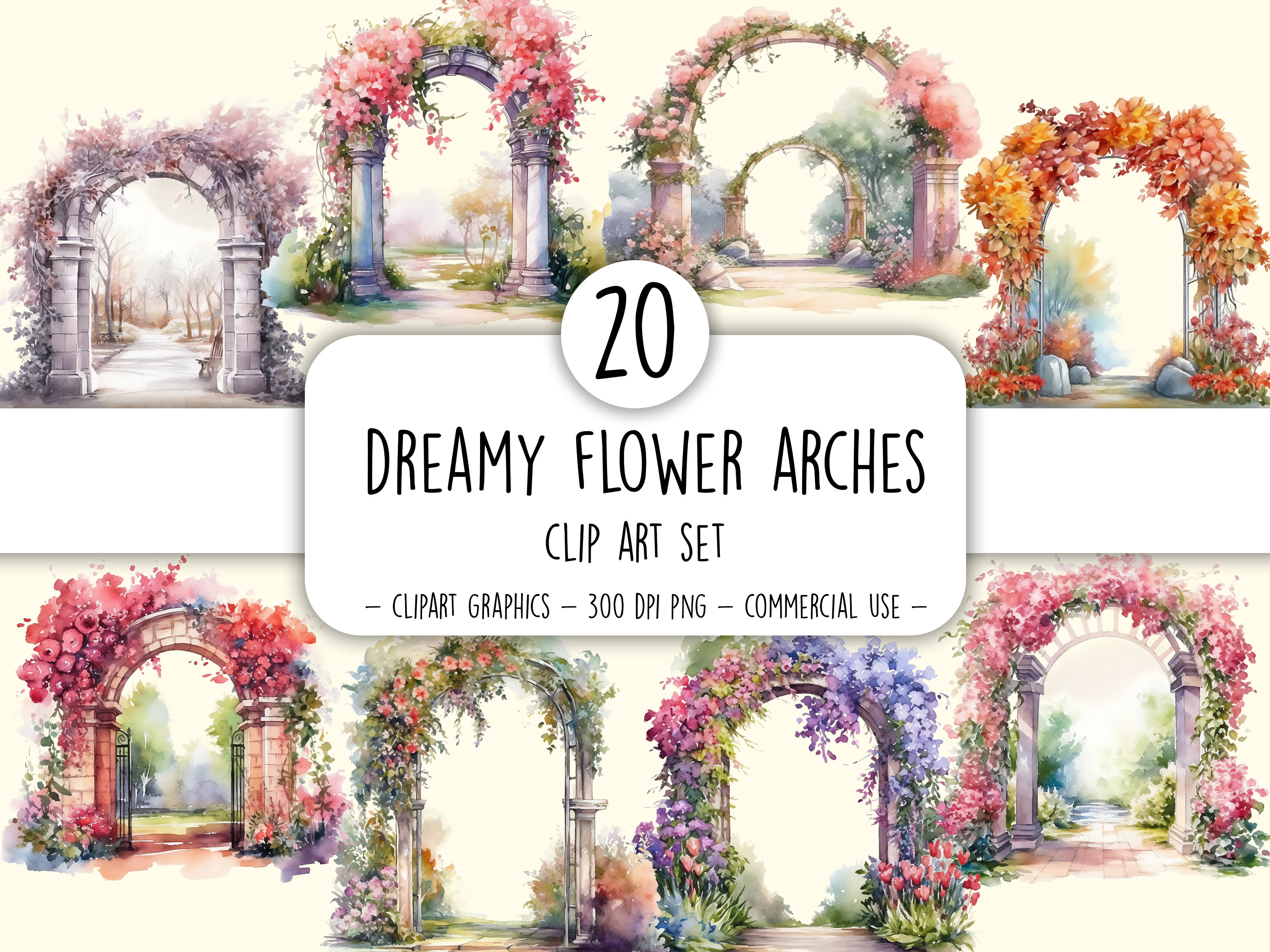 Watercolor Dreamy Flower Arches Clip Art Set Printable Floral Arches ...