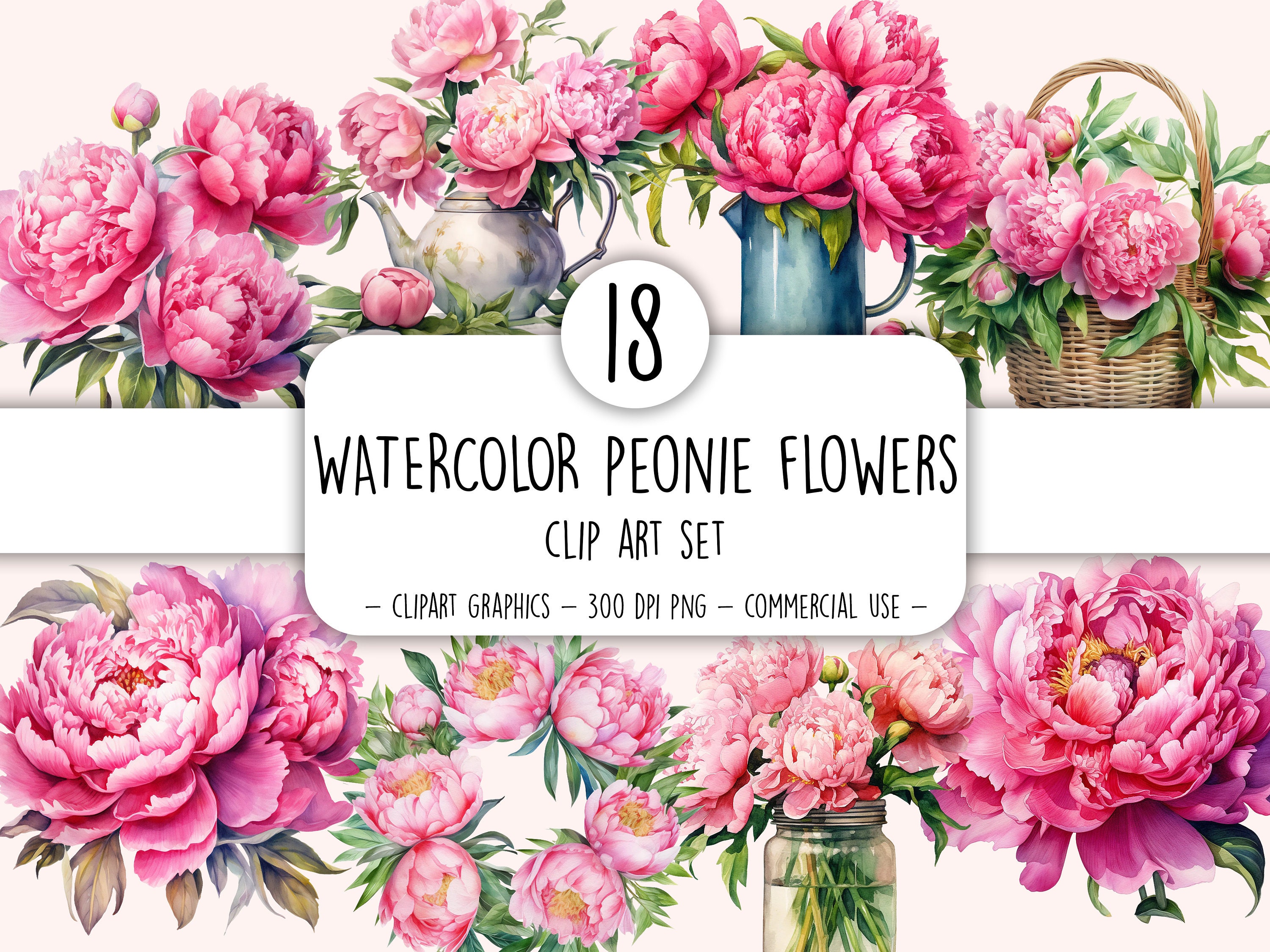 Watercolor Pink Peony Flowers Clip Art Set Digital Printable Peony ...