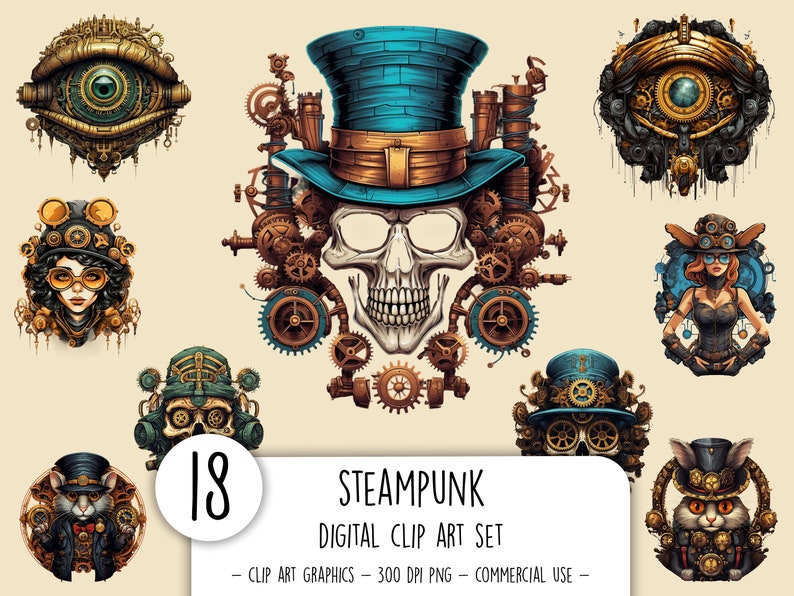 Steampunk Clipart Bundle Printable Digital Watercolor Steampunk Clipart ...