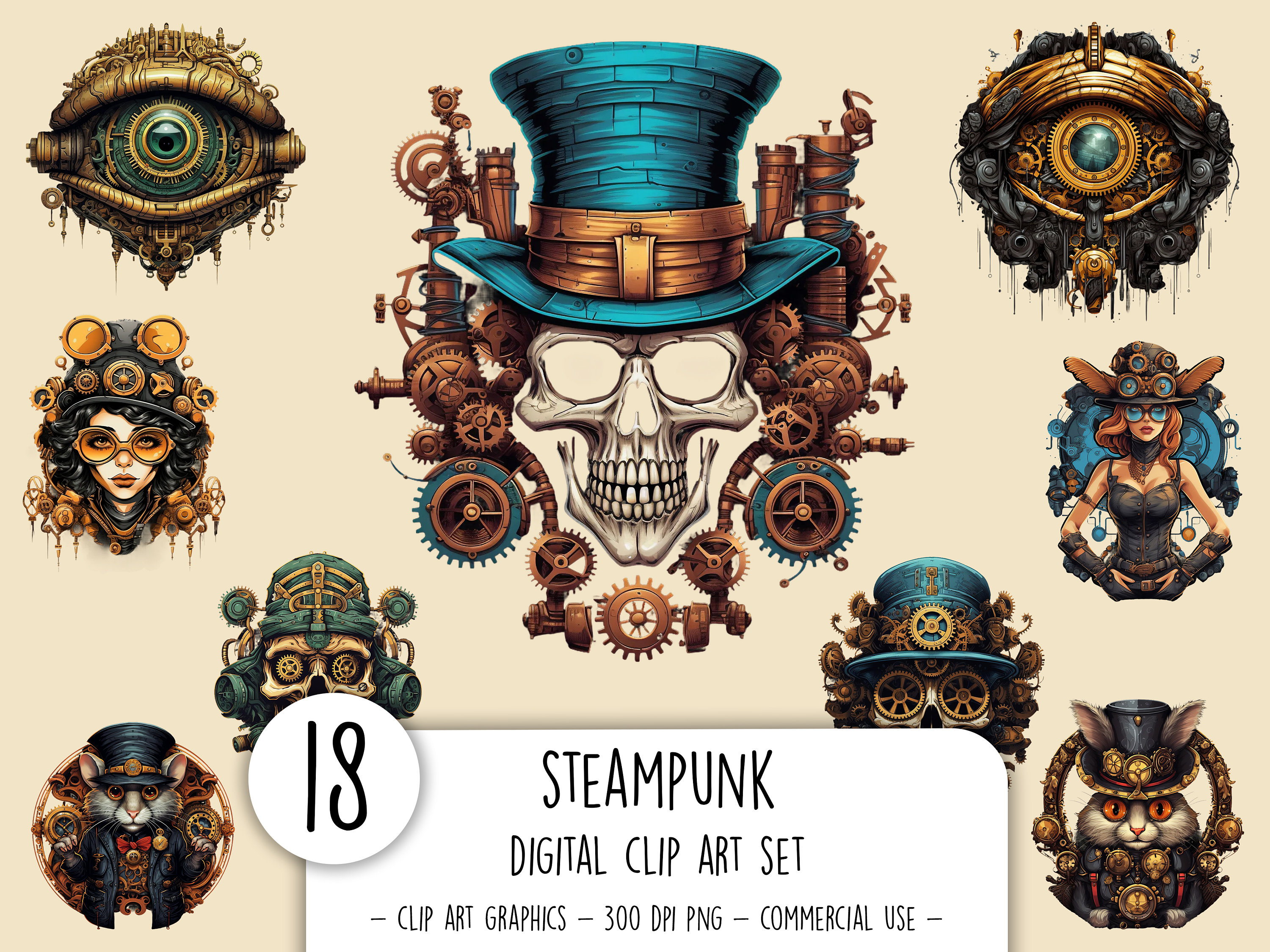 Steampunk Clipart Bundle Printable Digital Watercolor Steampunk Clipart FREE Commercial Use PNG ...