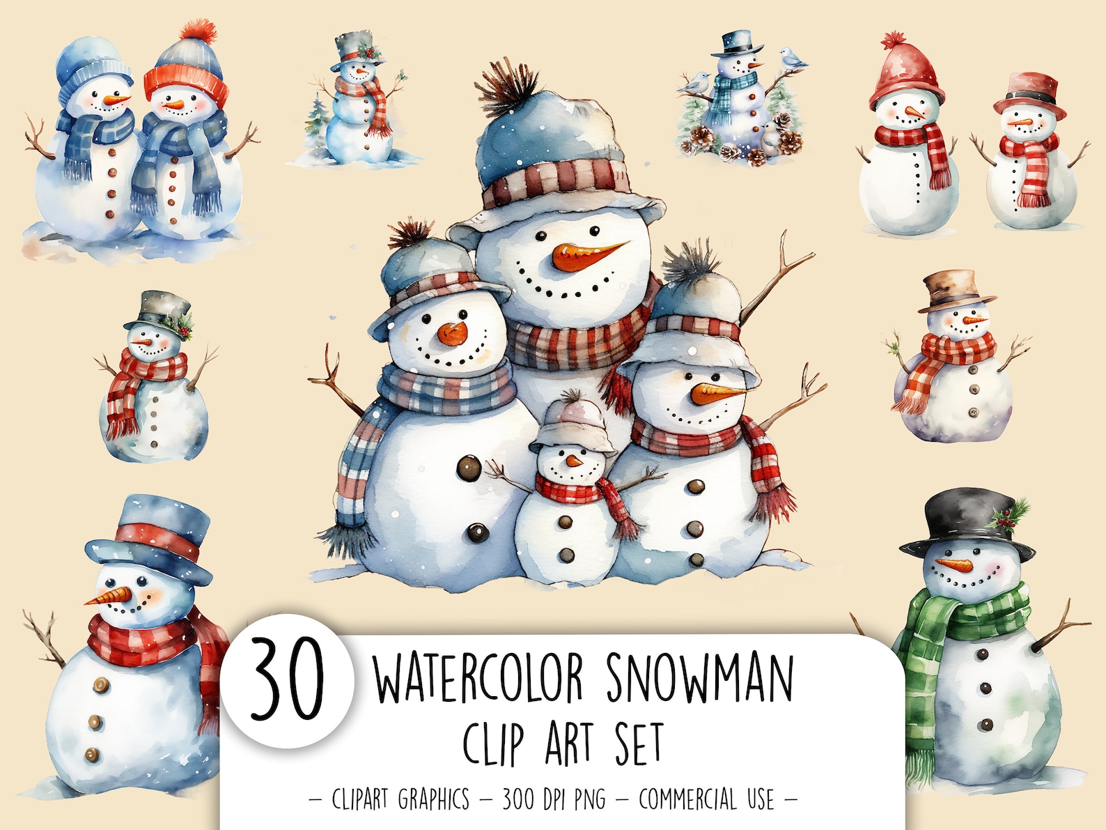 Watercolor Snowman Clipart Bundle Commercially FREE Digital Snowman ...