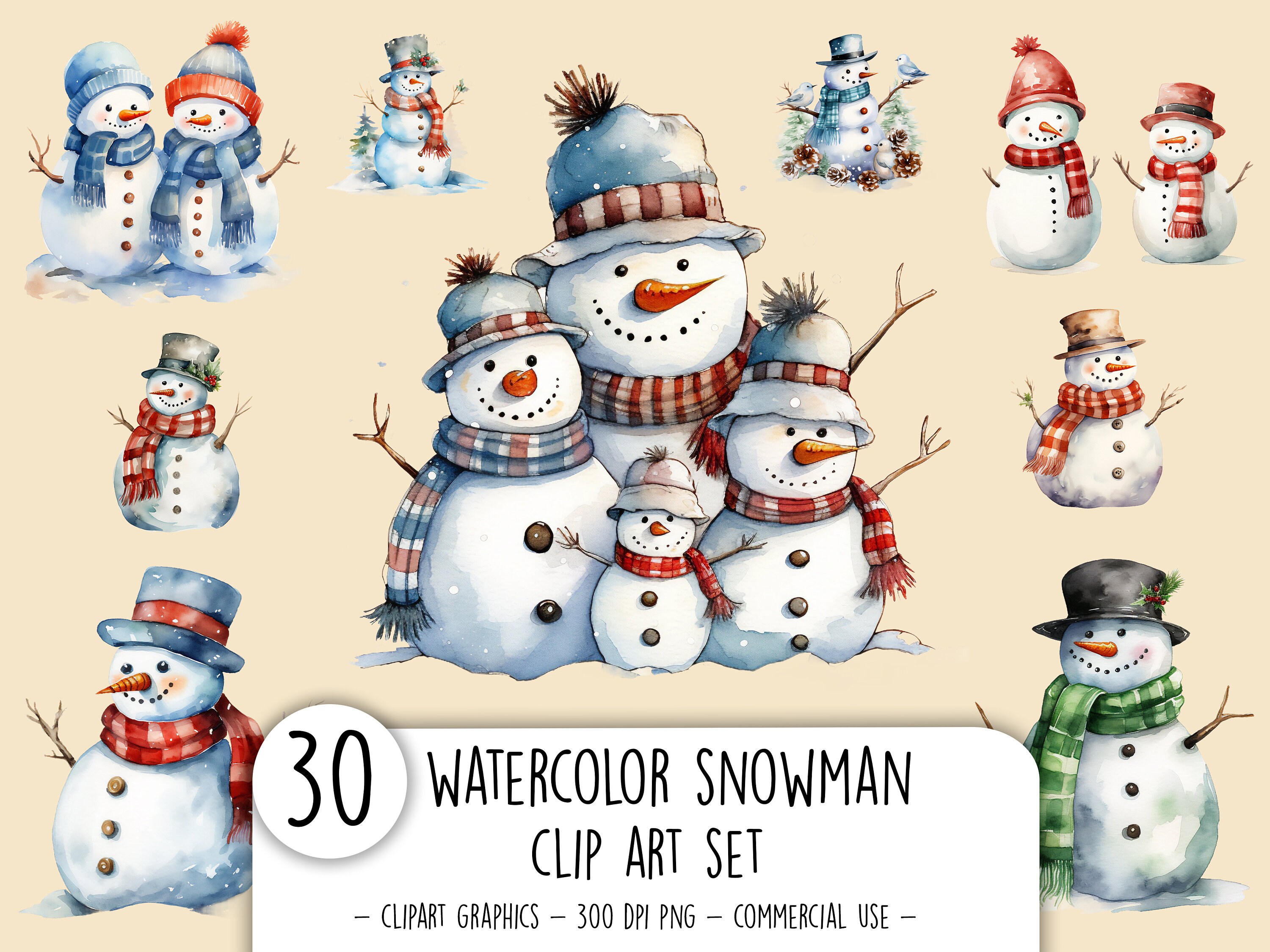 Watercolor Snowman Clipart Bundle Commercially FREE Digital Snowman ...