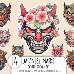 Traditional Japanese Mask Digital Sticker Bundle PNG Printable Japanese ...