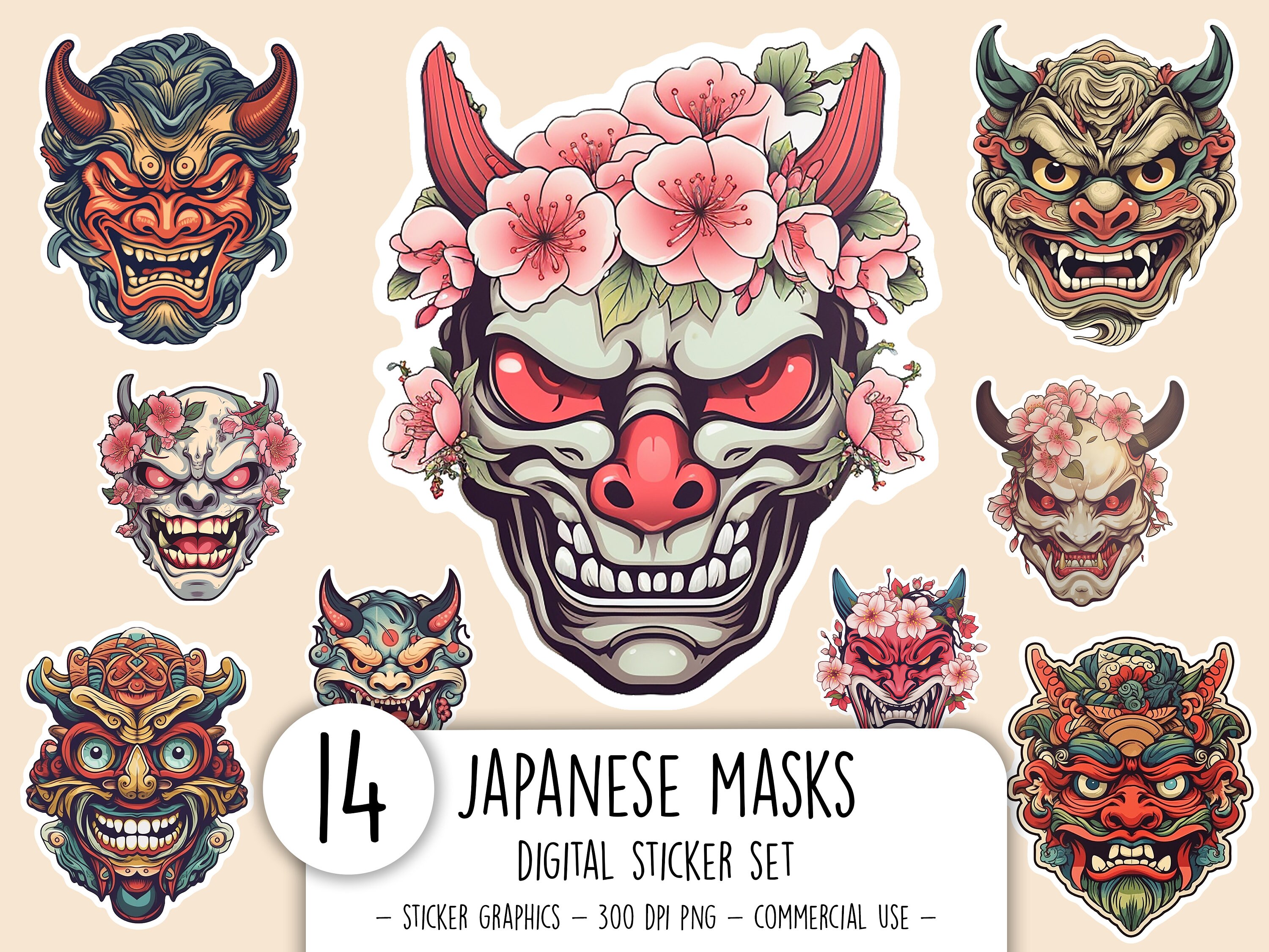 Traditional Japanese Mask Digital Sticker Bundle PNG Printable Japanese ...