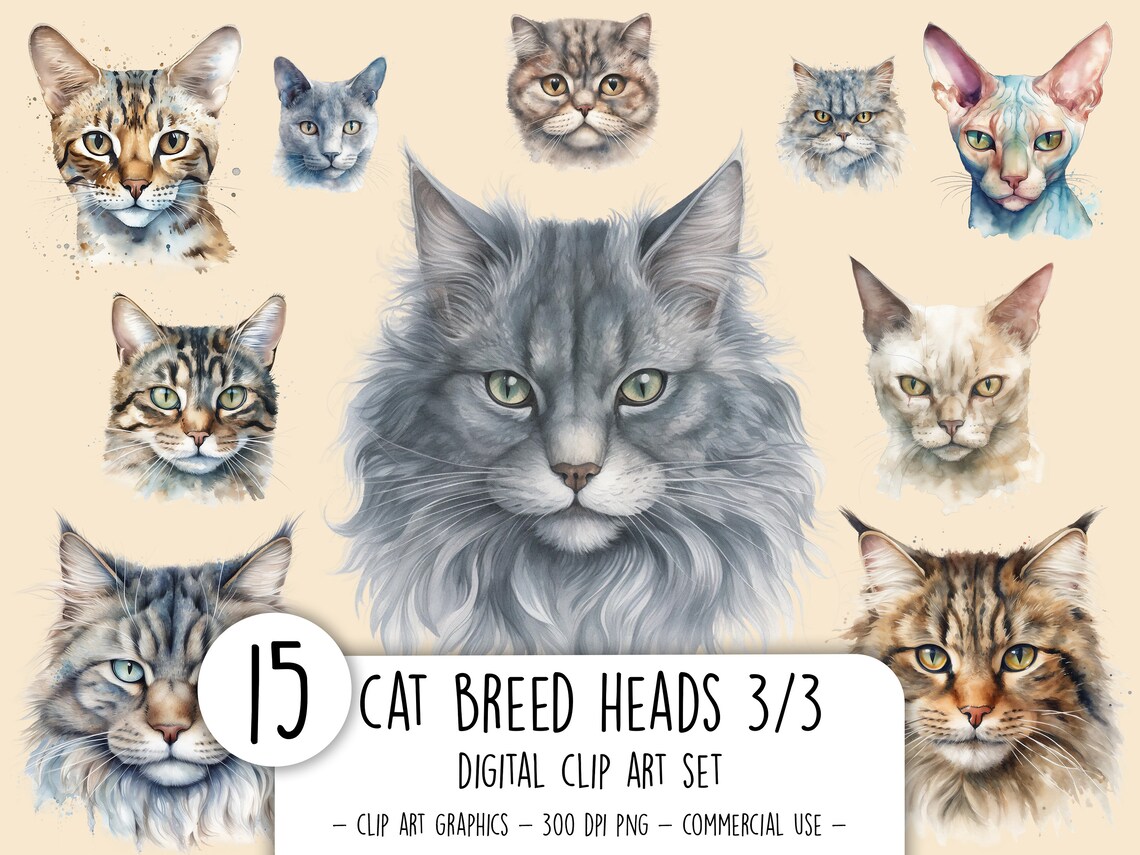 Watercolor Cat Clipart Digital Printable Cat Breeds Clipart FREE ...
