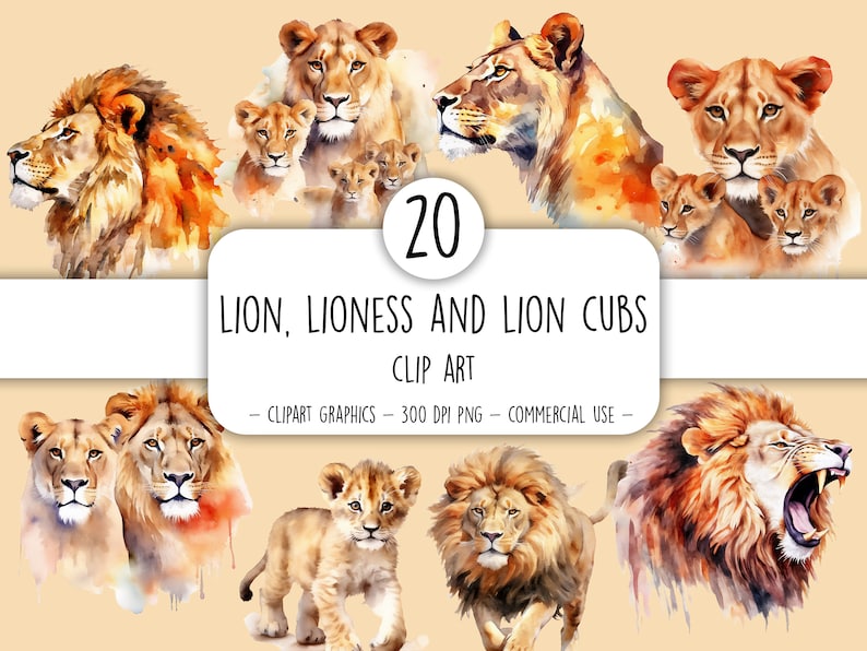 Watercolor Lion Lioness and Lion Cubs Clipart Lion Graphics Lion ...