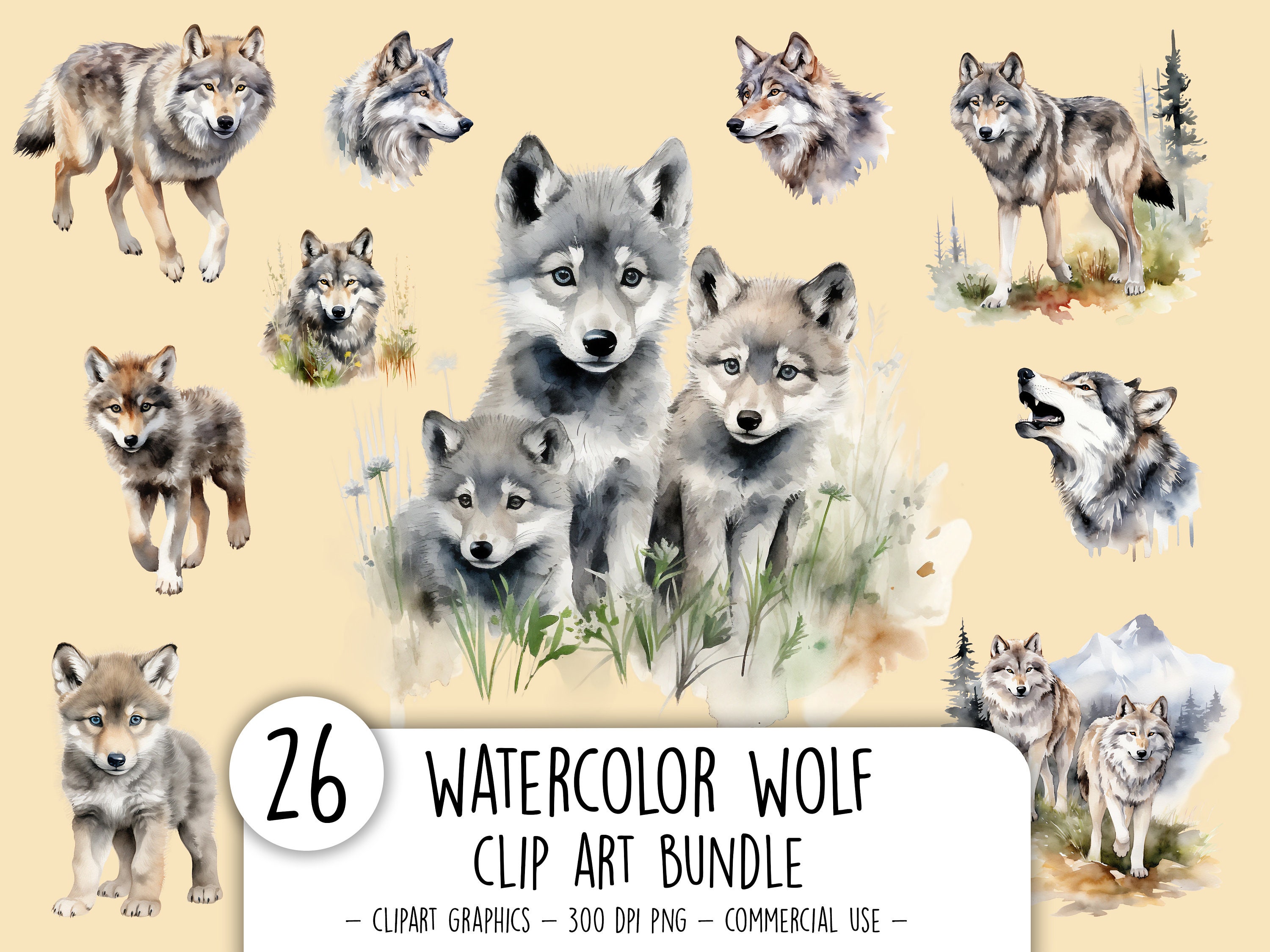 Watercolor Wolf Clipart Bundle Grey Wolf Clip Art FREE Commercial Use ...
