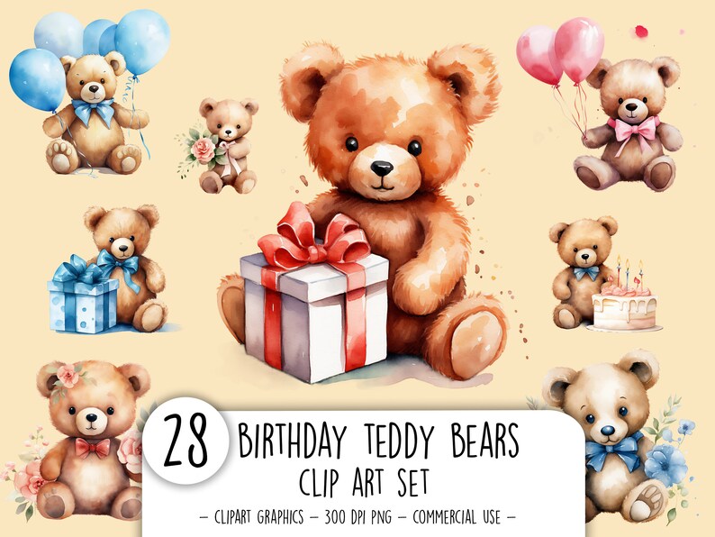 Teddy Bear Birthday Clipart Commercially FREE Watercolor Birthday ...
