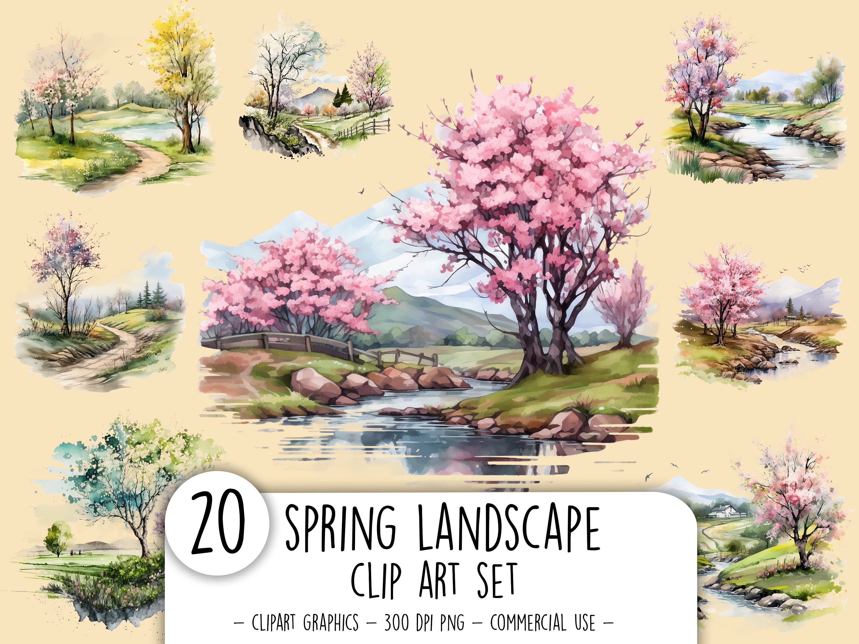 Watercolor Spring Landscape Clipart Bundle Commercially FREE Nature ...