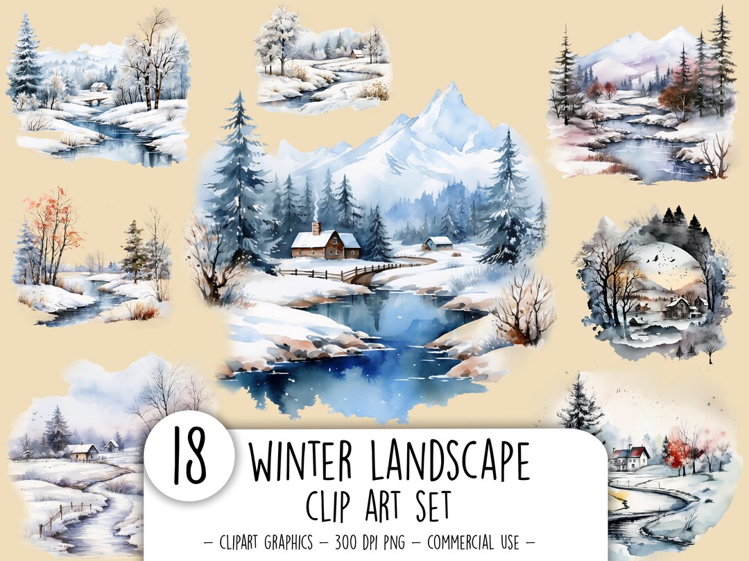 Watercolor Winter Landscape Clipart Bundle Commercially FREE Nature ...